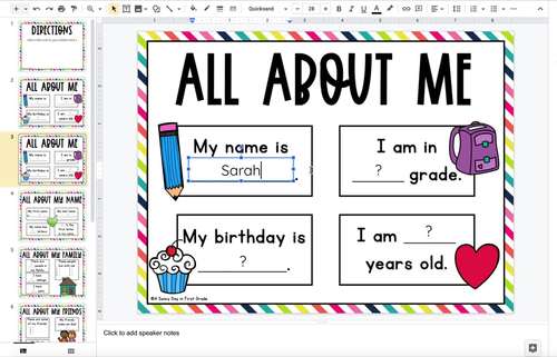 All About Me Activity for Google Slides™ by A Sunny Day in First Grade