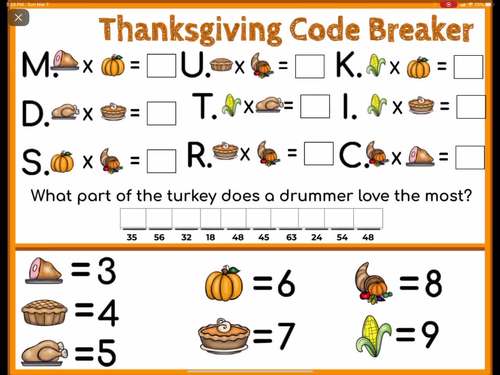 Thanksgiving Multiplication Activity Code Breaker | Multiplication Fact ...