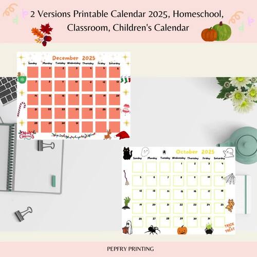 2 Versions Printable&Digital Calendar 2025 for Kid,Homeschool,Classroom