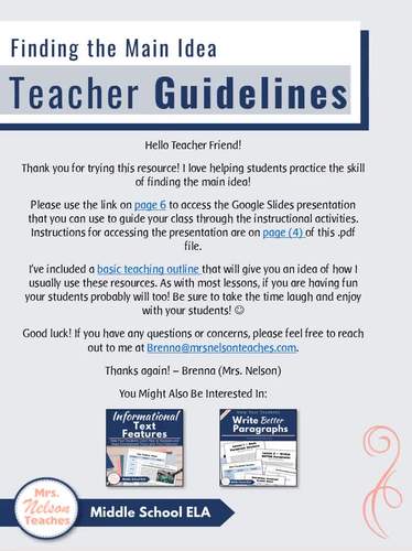 Finding the Main Idea Bundle Middle School by Mrs Nelson Teaches