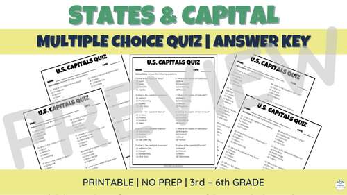 States and Capitals Quiz Geography Worksheets Activities No-Prep 3rd ...