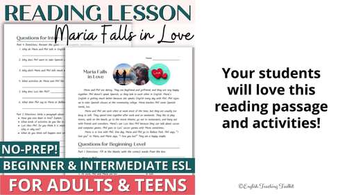 Adult ESL Short Story Reading Comprehension Beginner Intermediate Maria ...