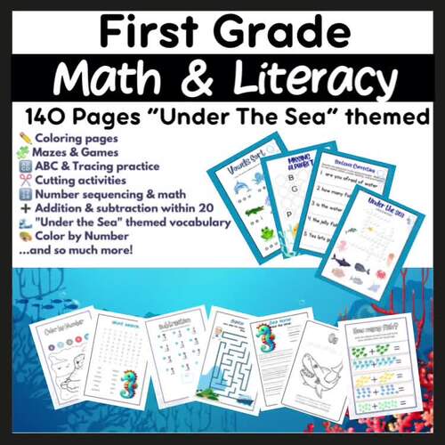 K-5 to 1st Grade Math and Literacy Activity Pages (140) “Under the Sea ...
