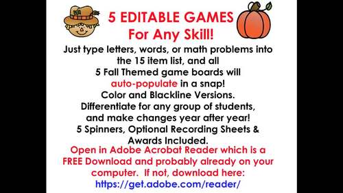 Editable Sight Word Game Boards Just Type Items Once! Fall Theme Set 2