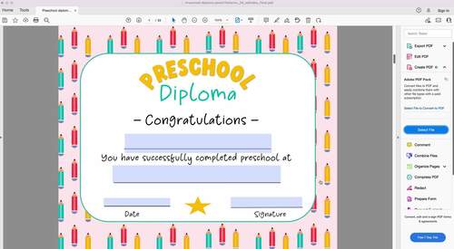 Editable Preschool Diploma Certificate for Preschoolers by Hippo and Kiwi