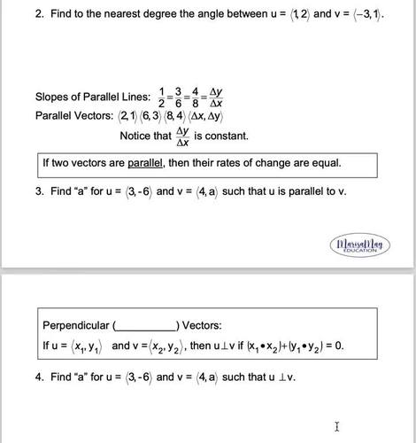 Precalculus - Vectors Unit - Angle between Vectors - Lesson & Worksheet