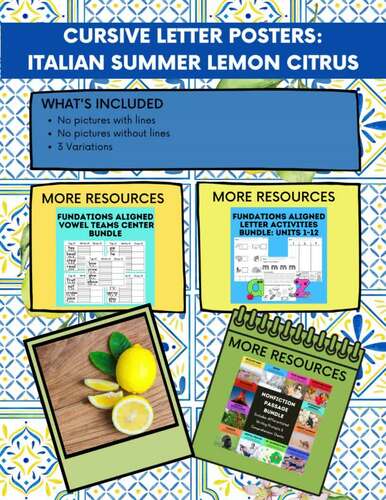 Italian Summer Lemon Citrus Cursive Letter Posters by Ms Beh in K