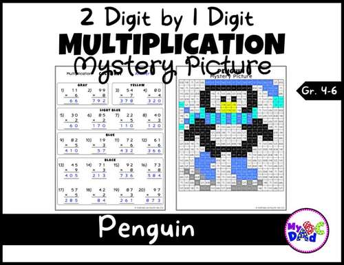 2 Digit by 1 Digit Multiplication Mystery Picture Penguin with TPT Easel