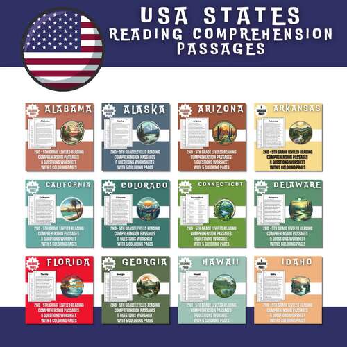 USA 50 States Reading Comprehension Passages & Questions Worksheets
