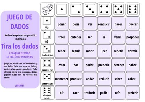 Spanish dice game: Pretérito Indefinido Español Verbos Regulares e ...