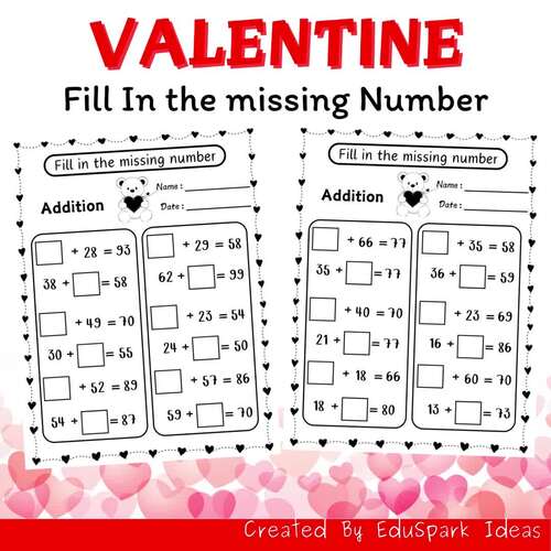 Valentine's Day Missing Number Addition Worksheets for Grades 1-3