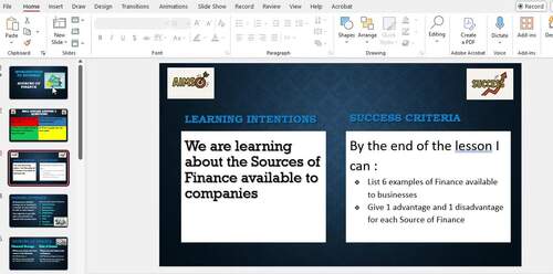 Intro to Business Lesson 4 Slides in Powerpoint: Sources of Finance Grade 7-11
