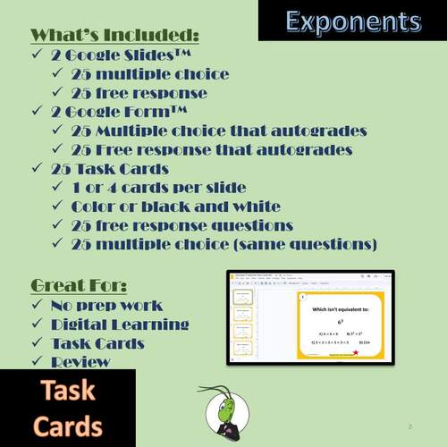 Exponent Rules Algebra 1 Task Cards | Google Forms and Slides | TPT