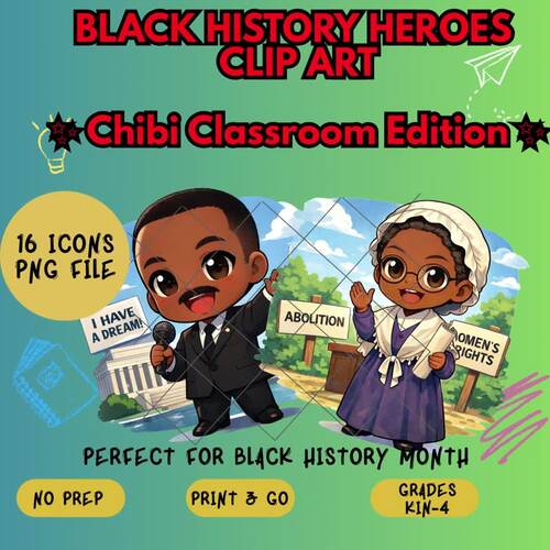 Black History Heroes Chibi Clipart Educational use PNG File by Color In Fun