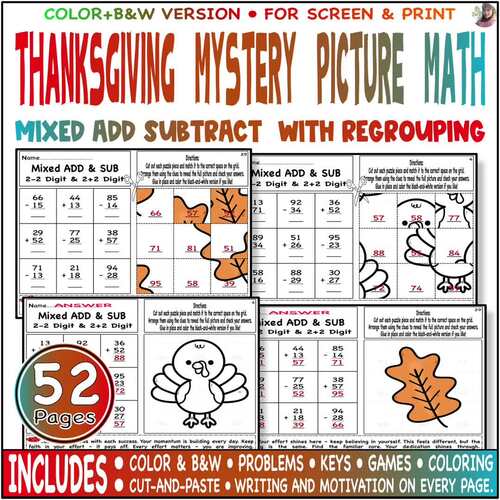 2 Digit Mixed Addition Subtract with regrouping | Thanksgiving Mystery ...