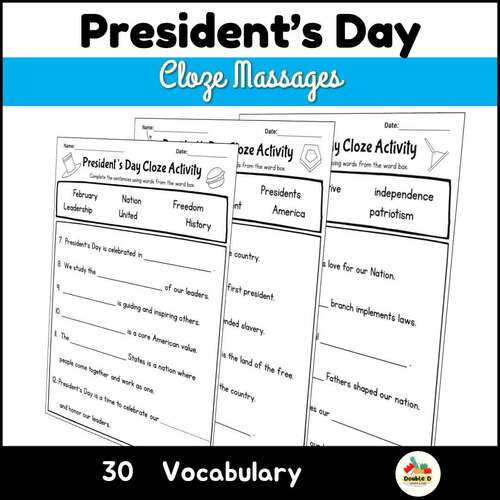 President's Day Activities Fill in the Blank Cloze Sentences-K-2nd ...