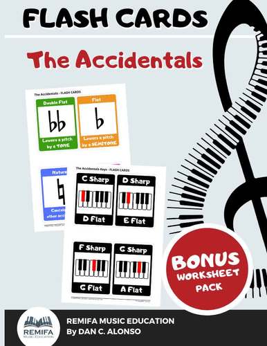 FLASHCARDS - The Accidentals and sharp/flat piano keys + BONUS Worksheets