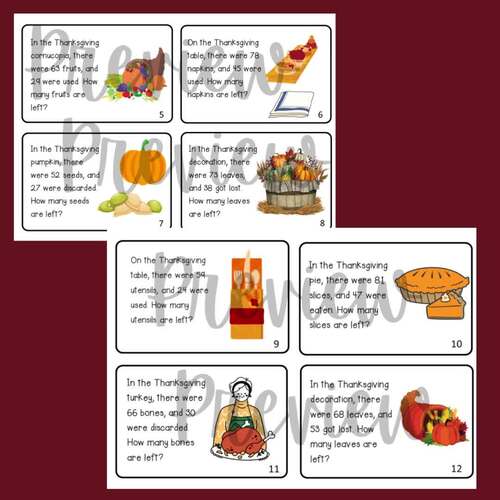 Thanksgiving Subtraction Word Problems Task Cards | TPT