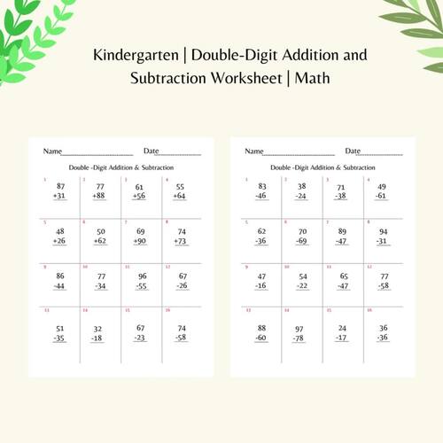 Kindergarten | Double-Digit Addition and Subtraction Worksheet | Math
