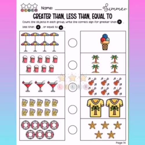 Summer Greater Than Less Than Worksheet | Comparing Numbers to 10