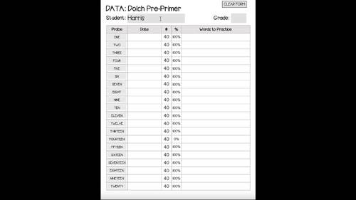 Pre Primer Sight Word Digital Assessment and Progress Monitoring