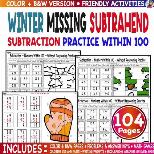 Winter Subtraction Color Code Picture Missing Subtrahend to 100 Holiday ...