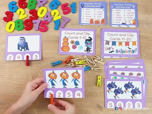 Halloween Count & Clip Cards: Preschool, Kindergarten Counting up to 20