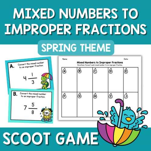 Spring Converting Mixed Numbers to Improper Fractions Scoot Game Task Cards