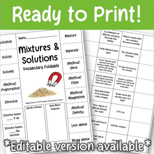 Mixtures & Solutions Vocabulary Science Study Foldable and Mini Flashcards