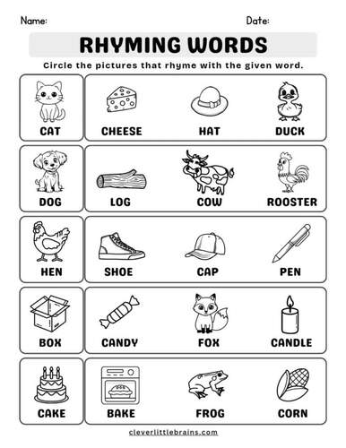 Rhyming Words Pair Activity: Early Learning Picture Matching Printable Game