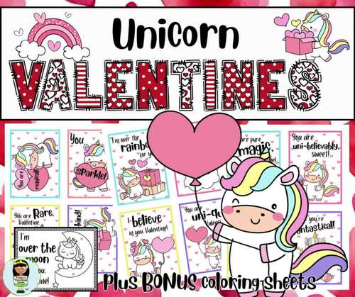 UNICORN Valentines and Coloring Sheets - 12 each by Tricia's Teaching Tools