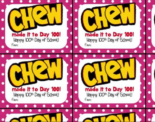 Chewy Granola Bar 100th Day of School Gift Tag- Chew made it to Day 100!