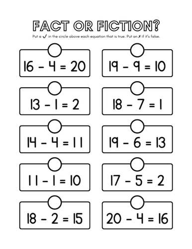 Addition and Subtraction within 20, True False Equations, First Grade Math