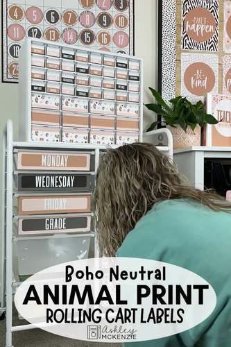 Boho Neutral Animal Print Classroom Decor | Rolling Cart Labels - Editable!