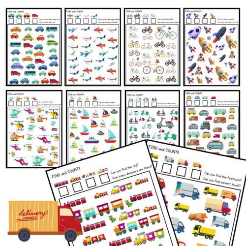 FIND & COUNT Vehicles, fun activity for kindergarten by School Bus Studio