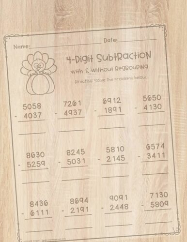 Thanksgiving Turkey 4 Digit Subtraction Worksheets With & Without ...