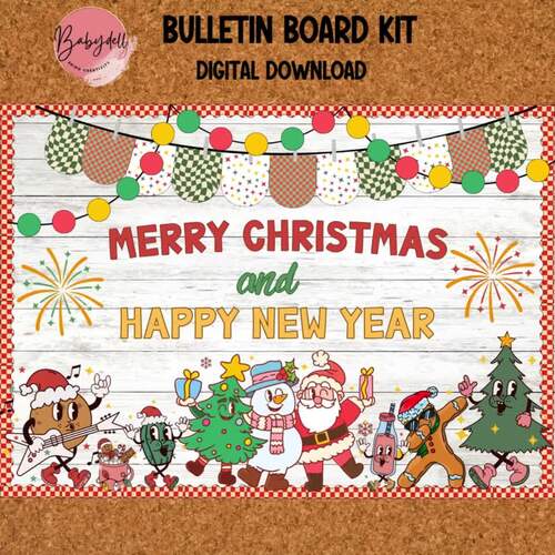 Groovy Merry Christmas & Happy New Year Bulletin Board Kit Retro ...