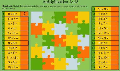 Digital Jigsaw Puzzle NO PREP - Fall Cat Multiplication to 12 Jigsaw Puzzle