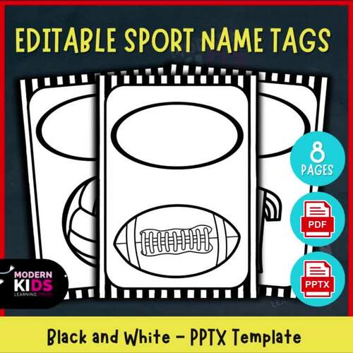 Editable Sport Name Tags Black and White - PPTX Template | TPT