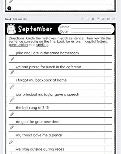 Fix The Sentence Worksheets, Complete Sentences, Editing: BACK TO SCHOOL