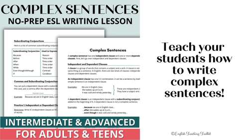 Adult ESL Writing Curriculum Sentence Structure Worksheets - Complex ...