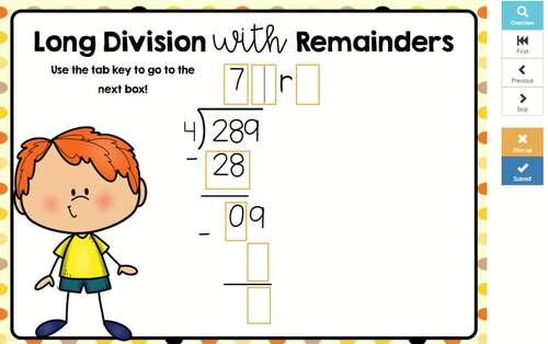 Long Division with Remainders Digital Boom Cards and Printable Worksheet