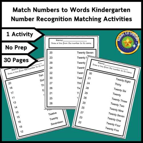 Match Numbers to Words Kindergarten Number Recognition Matching Activities