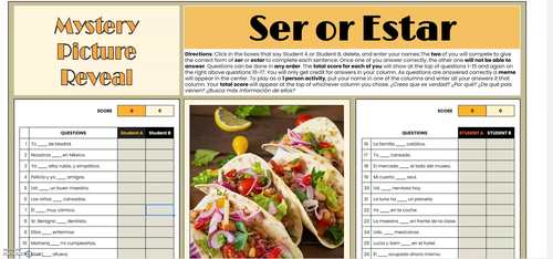 Spanish Ser or Estar Mystery Picture Reveal for Google Sheets | TPT
