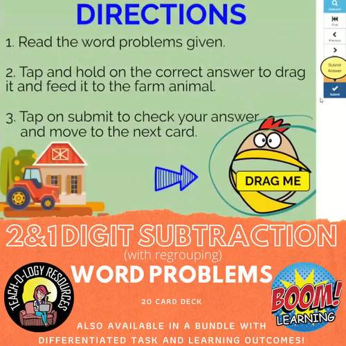 FEED THE ANIMAL BOOM Cards- Subtraction Word Problems(with regrouping ...