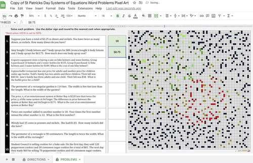 St. Patrick's Day Algebra 1 Systems of Equations Word Problems Pixel Art