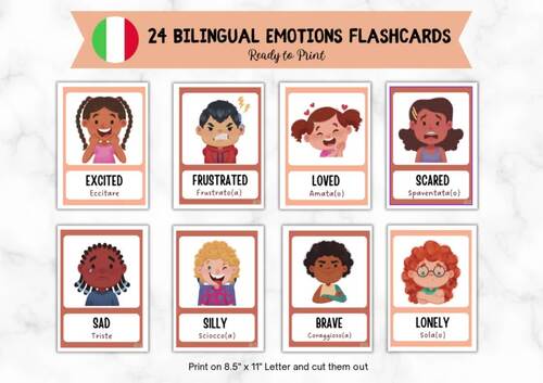 24 Feelings Flashcards, Bilingual Italian English Emotions Printable