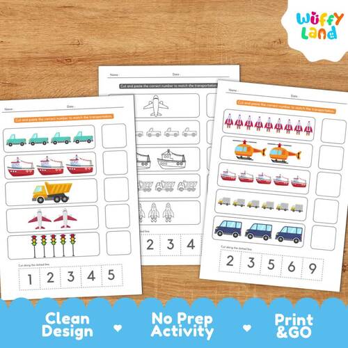 Transportation Counting & Number Match 1-10 | Cut and Paste Math Worksheets
