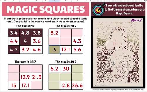 Decimal Addition & Subtraction Magic Squares Pixel Art - 5th Grade