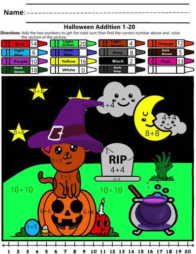 Halloween Color By Addition 1-20 Cat Witch Cauldron with Numberline No Prep